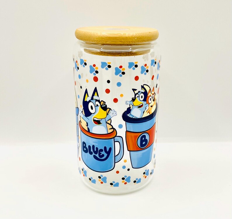 Bluey and Bingo Glass Tumbler With Straw and Bamboo Lid 16oz Approx ...