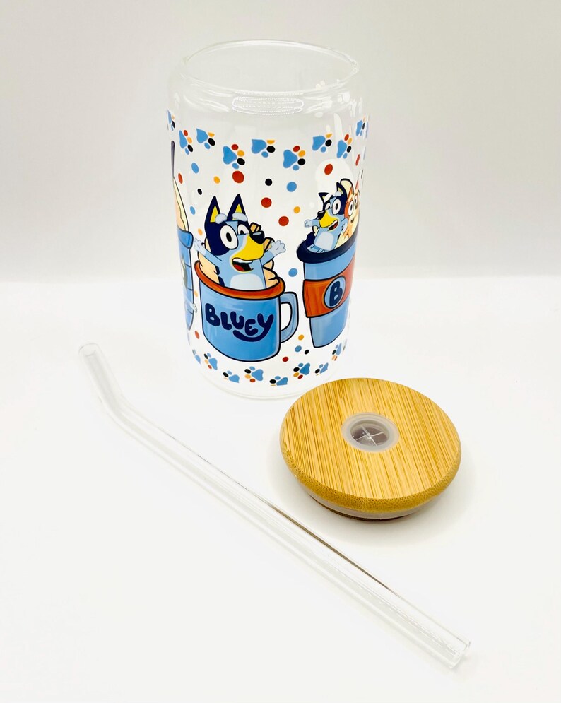 Bluey and Bingo Glass Tumbler With Straw and Bamboo Lid 16oz Approx ...