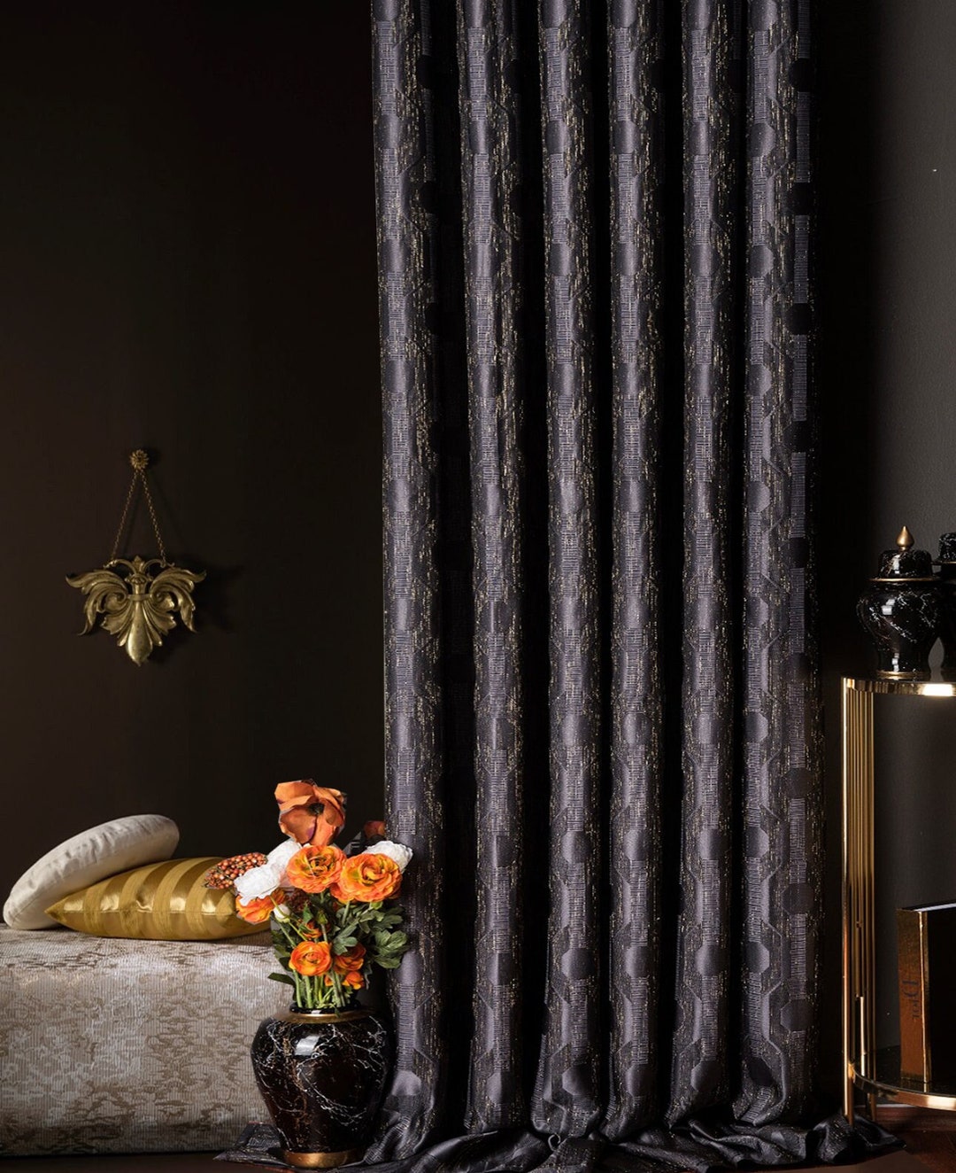 Luxury Dark Gray Gold Turkish Curtains for Livingroom Diningroom ...