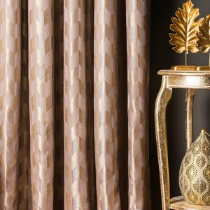 Crem Gold Geometric Pattern Luxury Curtains - Elegant Satin Finish ...