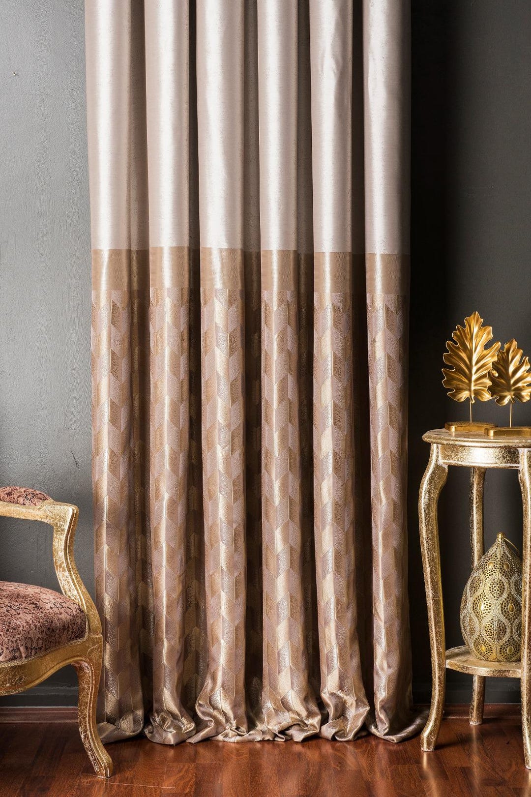 Crem Gold Geometric Pattern Luxury Curtains - Elegant Satin Finish ...