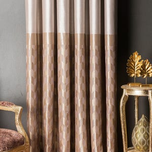 Crem Gold Geometric Pattern Luxury Curtains - Elegant Satin Finish ...