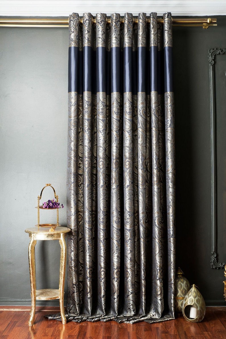 Luxury Navy Blue Damask Curtains: Gold Patterned Drapes - Etsy