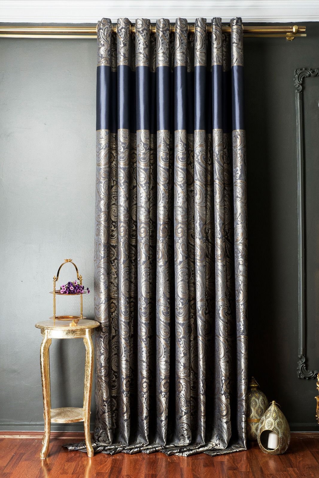 Luxury Navy Blue Gold Damask Patterned Striped Curtains for Livingroom ...