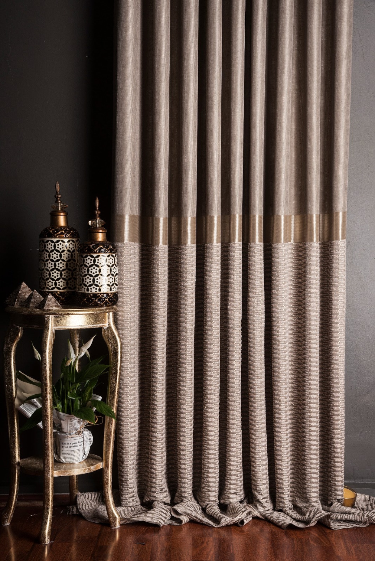 Luxury Brown & Gold Curtains: Modern Drape for Living Room - Etsy