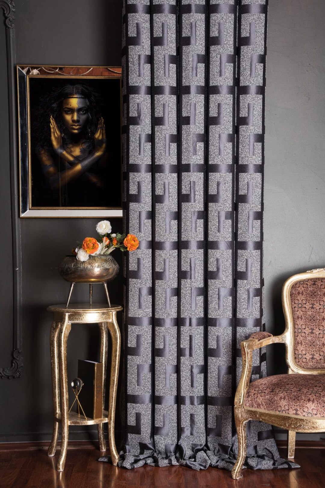 Luxury Patterned Gray Curtains , Custom Size Drape , Modern Livingroom ...