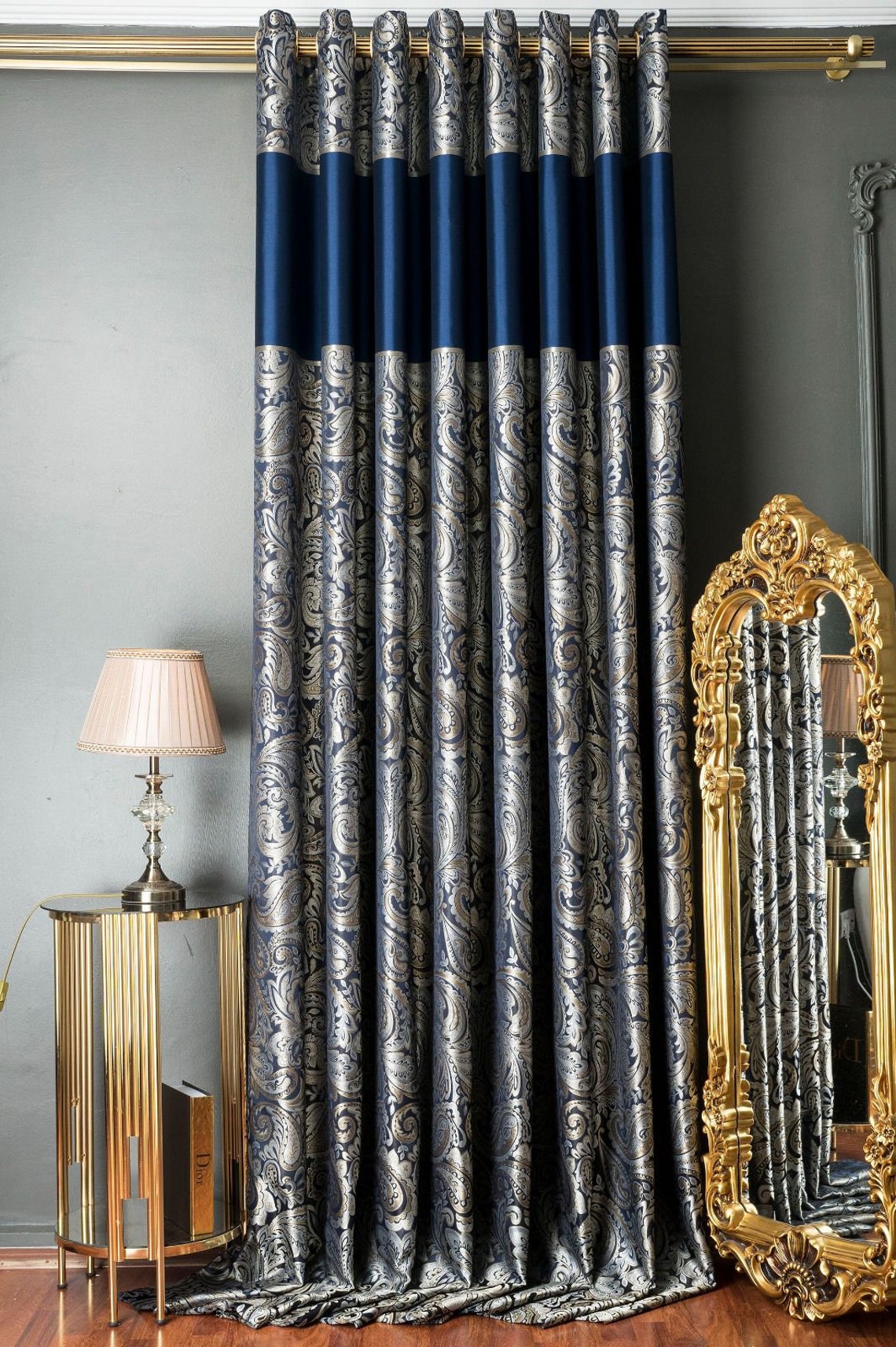 Luxury Navy Blue Gold Damask Patterned Striped Curtains for Livingroom ...