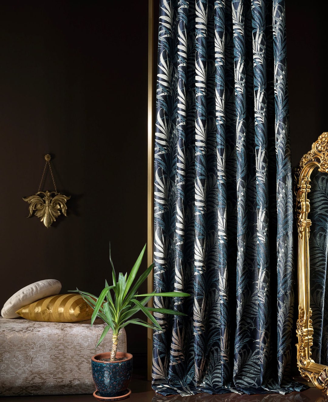 Luxury Navy Blue Leaf Patterned Curtain for Livingroom Diningroom ...