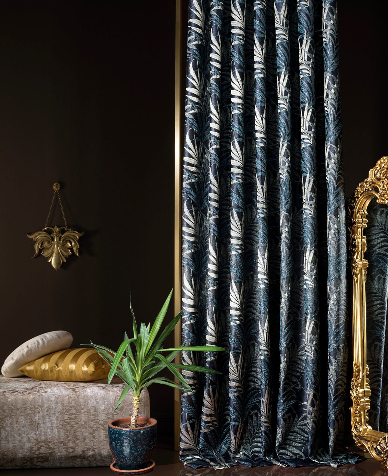 Luxury Navy Blue Leaf Patterned Curtain: Elegant Home Decor - Etsy