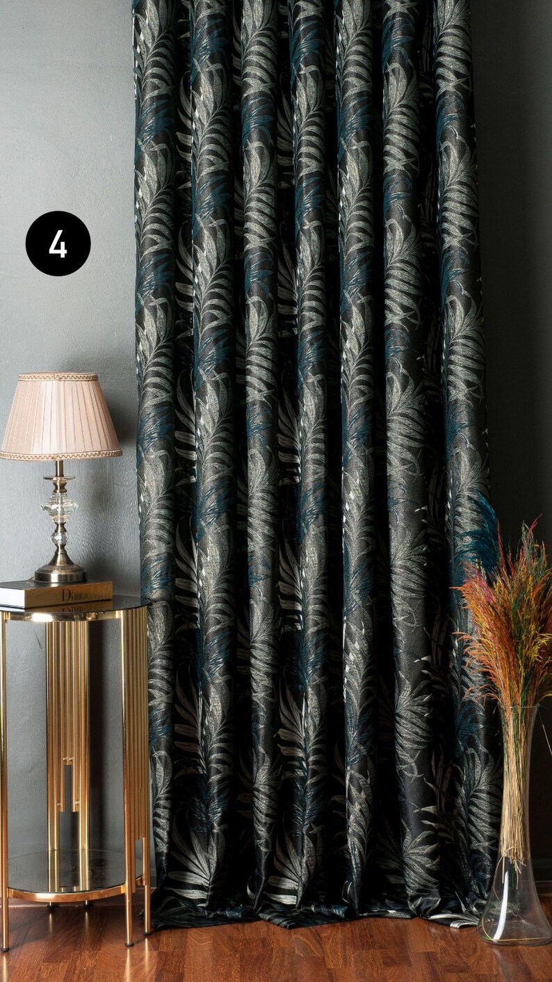 Luxury Navy Blue Leaf Patterned Curtain for Livingroom Diningroom ...