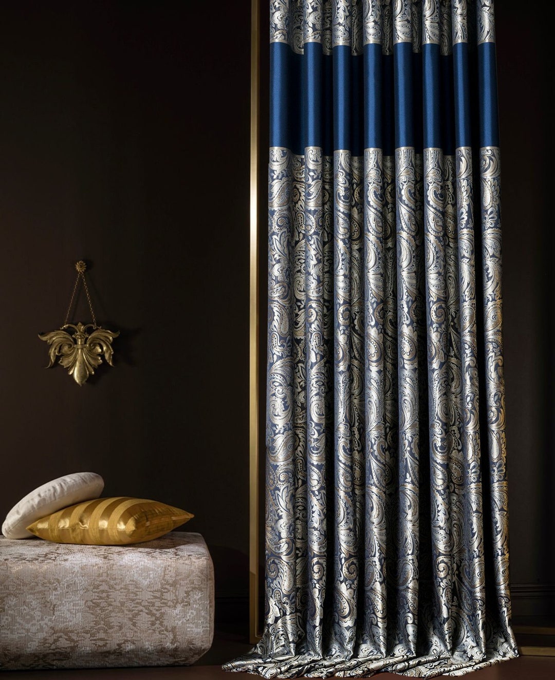 Luxury Navy Blue Gold Damask Patterned Striped Curtains for Livingroom ...