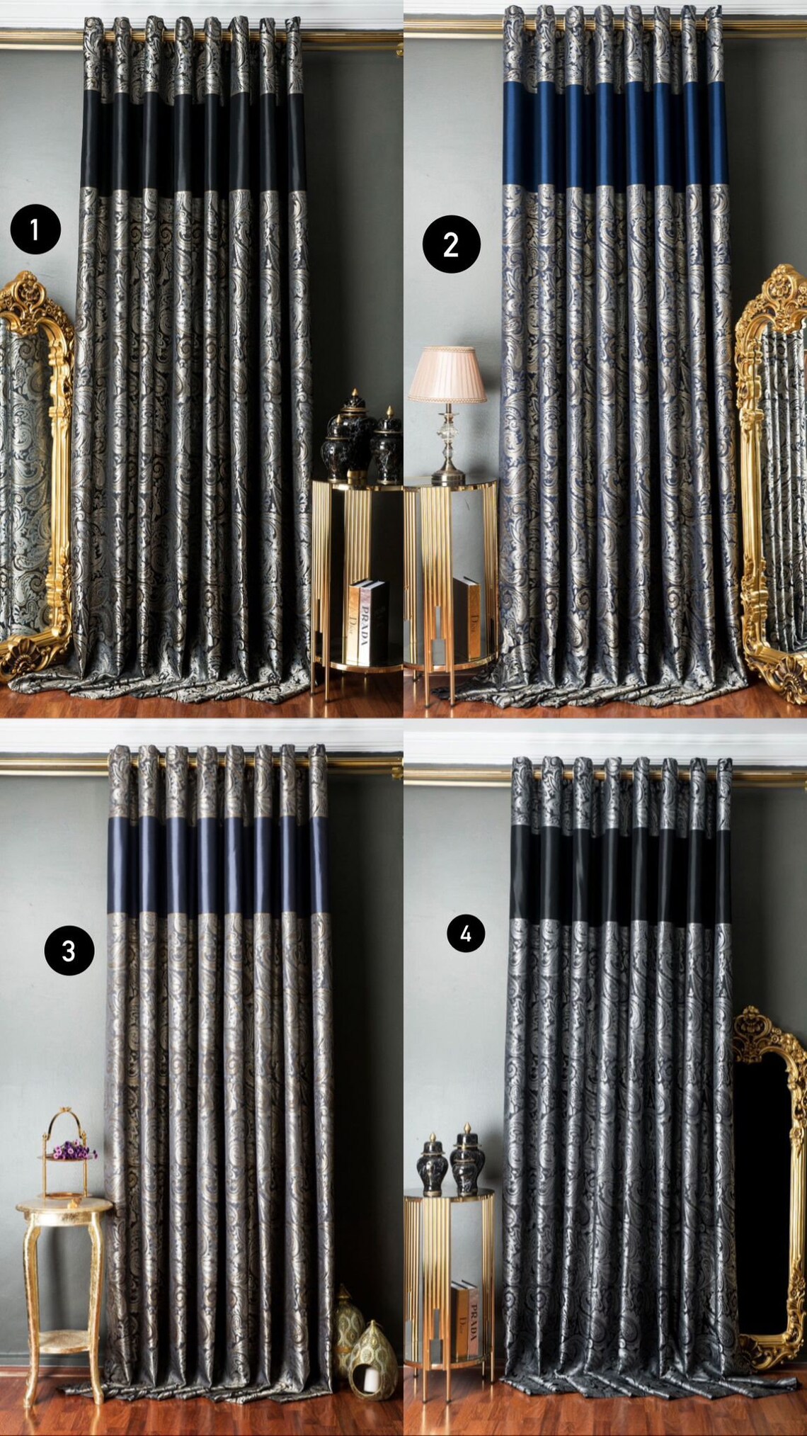 Luxury Navy Blue Damask Curtains: Gold Patterned Drapes - Etsy