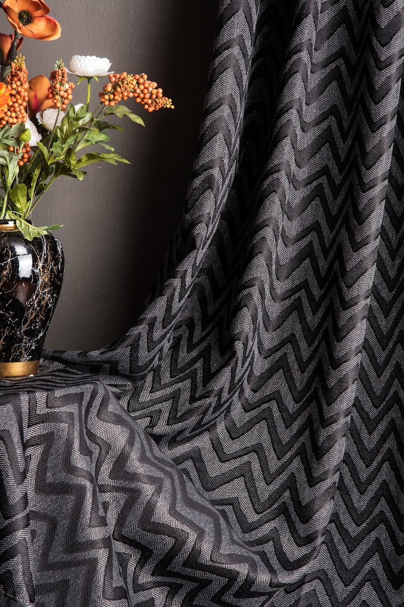 Modern Geometric Patterned Black Gray Curtains for Home , Luxury Cream ...