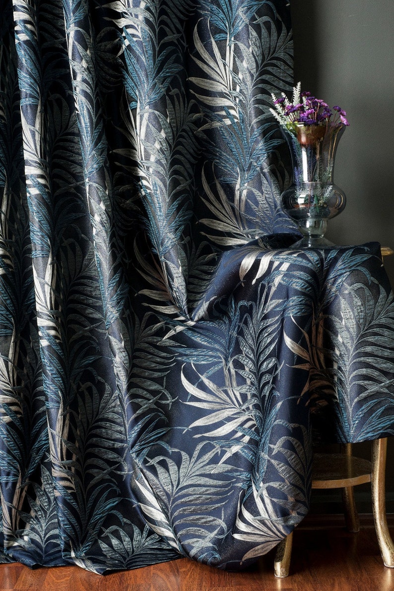 Luxury Navy Blue Leaf Patterned Curtain: Elegant Home Decor - Etsy
