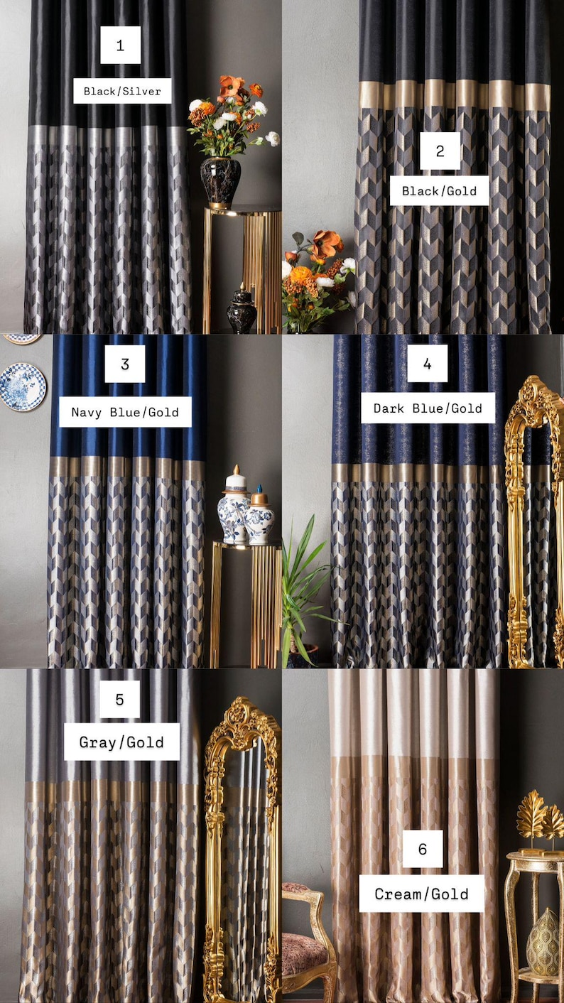Geometric Dark Blue & Gold Curtains: Custom Blackout Drapes - Etsy