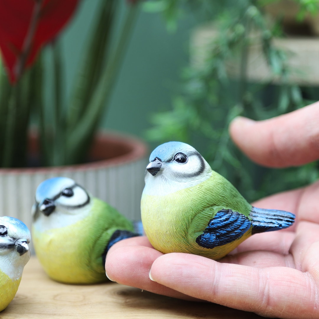 Set of 4 Small Tit Birds Garden Plant Pot Shelf Sitters Decor Resin ...