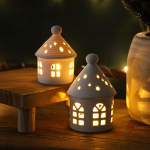 LED House Ceramic Hut Set Small Large Pair Huts White Round Village ...