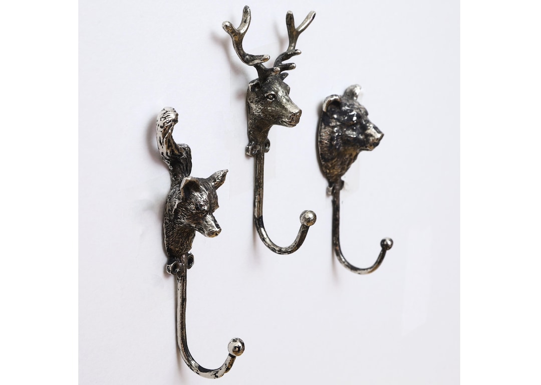 Animal Wall Hooks: Silver Nursery Decor, Stag Fox Bear Design - Etsy