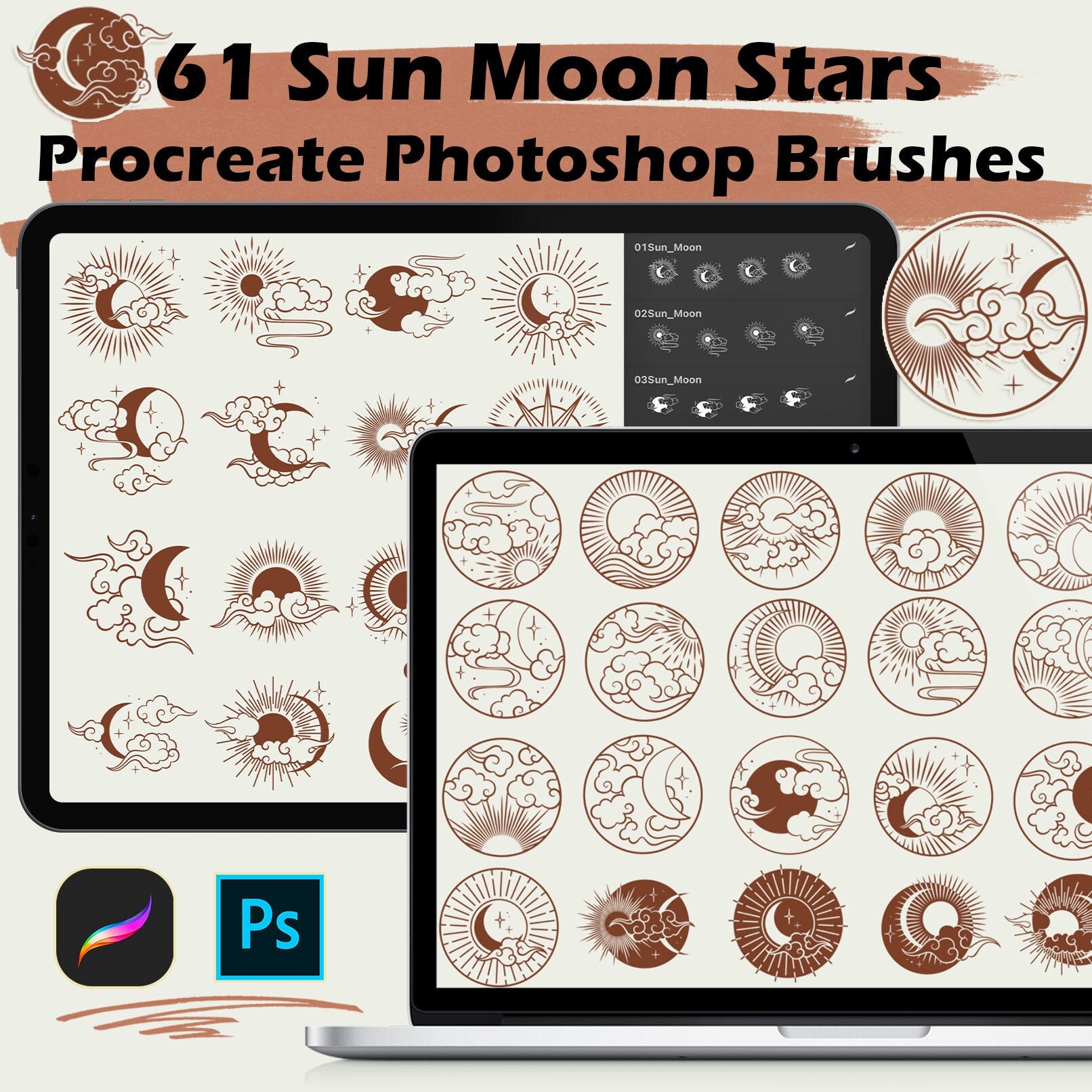 Sun Moon and Stars Procreate Brush Photoshop Stamp Celestial Natural ...