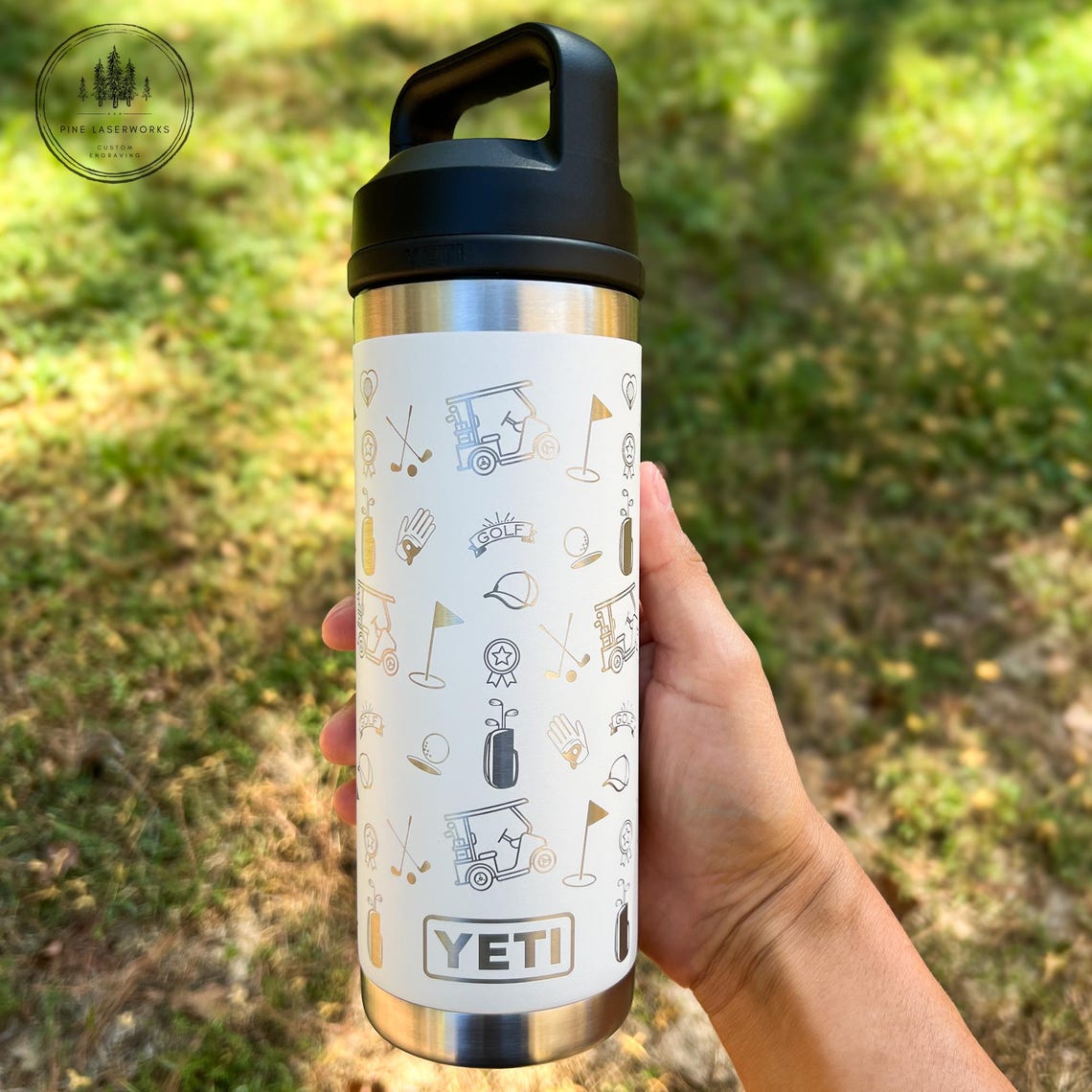 Golf Pattern Yeti Rambler Chug Cap Water Bottle Custom Laser Engraved ...