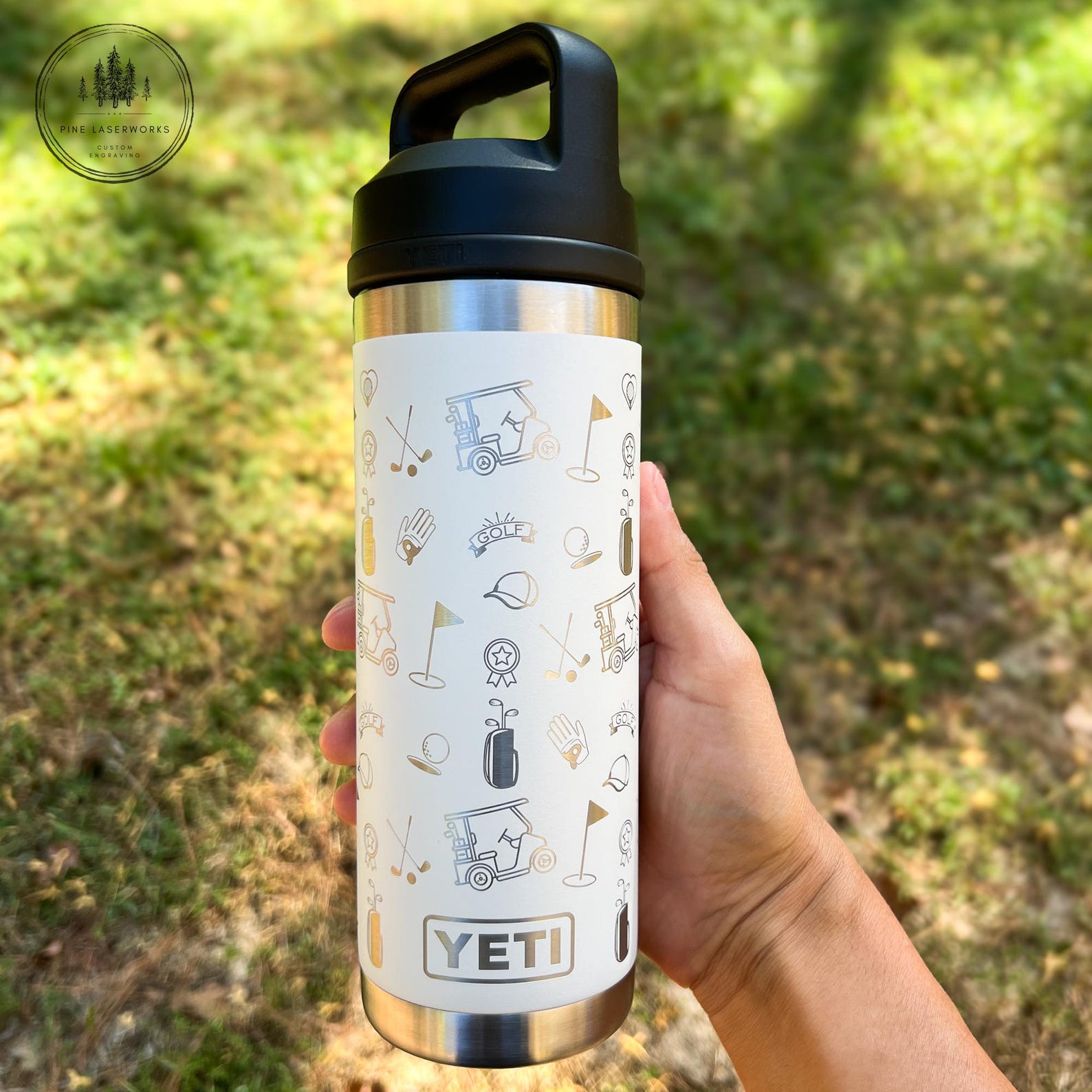 Golf Pattern Yeti Rambler Chug Cap Water Bottle Custom Laser Engraved ...