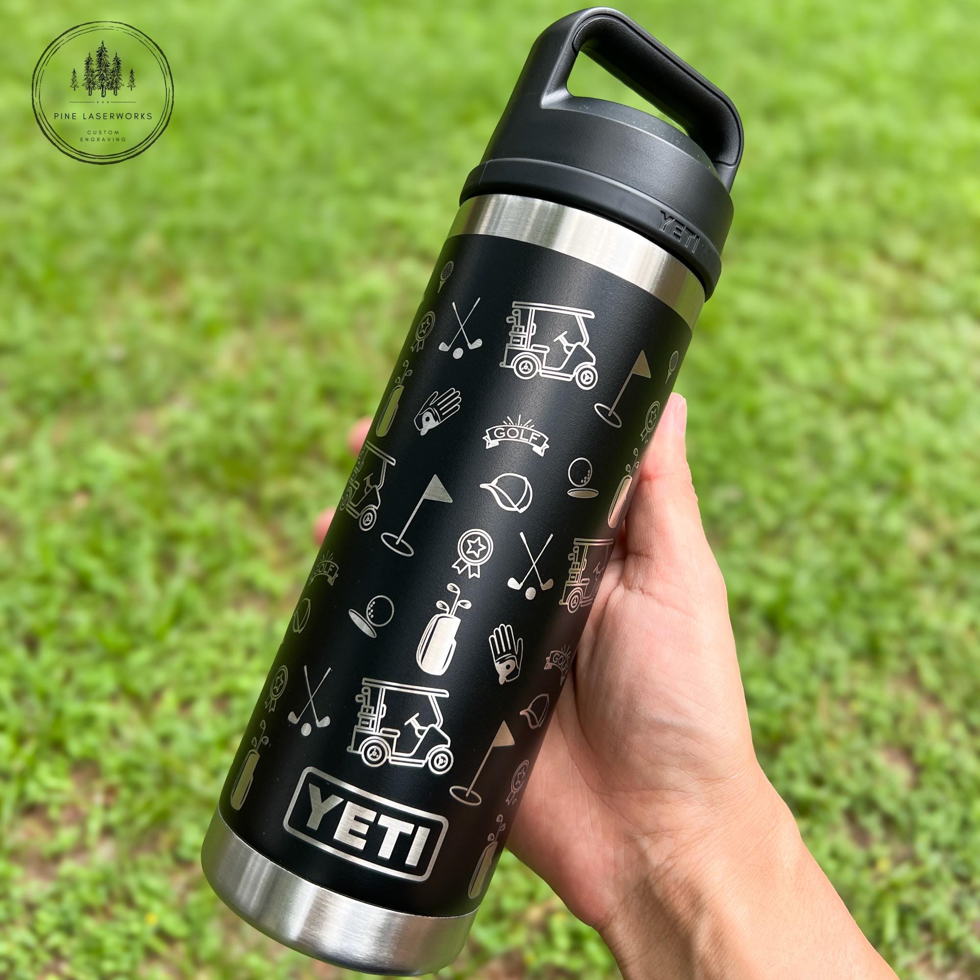 Golf Pattern Yeti Rambler Chug Cap Water Bottle Custom Laser Engraved ...