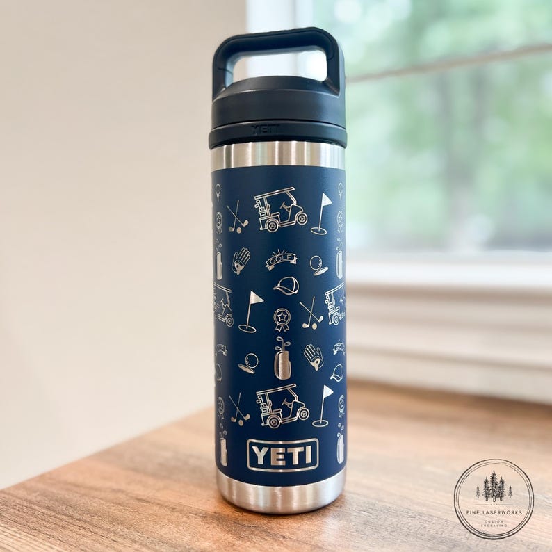 Golf Pattern Yeti Rambler Chug Cap Water Bottle Custom Laser Engraved ...