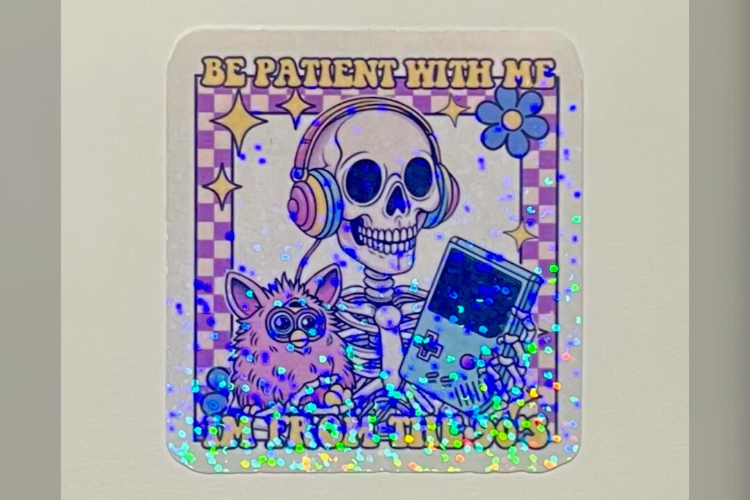 Funny Gamer Skeleton Holographic Sticker: Retro Furby & Game Boy Vinyl ...