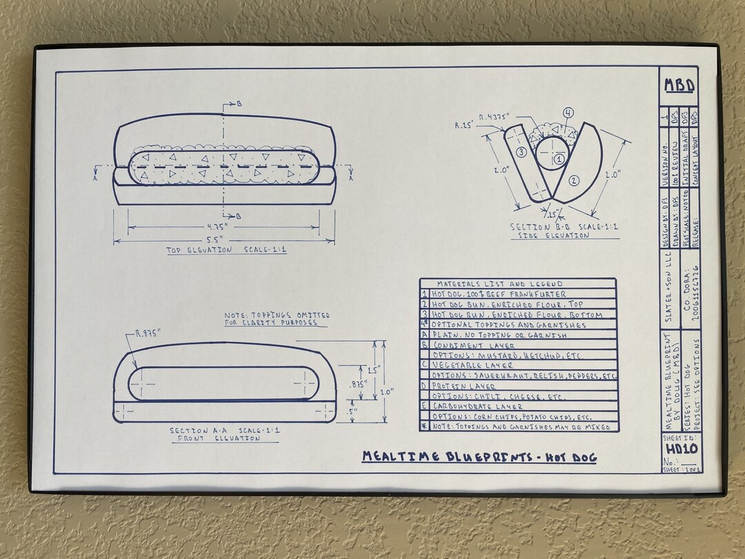 Hot Dog - Blueprint and Technical Drawing of Selected Mealtime Comfort ...