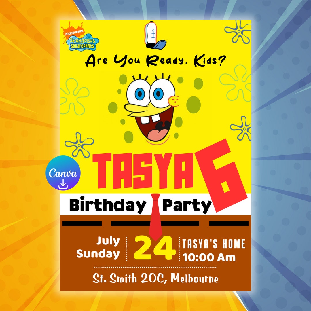 Editable Spongebob Birthday Invitation, Spongebob Party Invitation ...