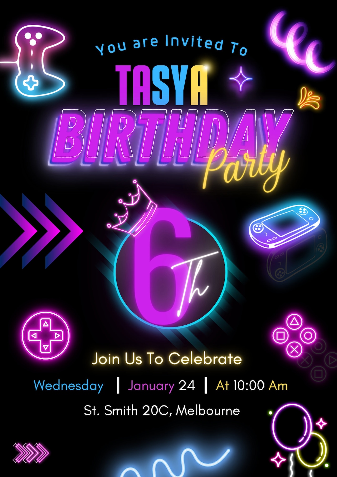 Editable Neon Birthday Party Invitation Glow in the Dark Girl Neon Glow ...