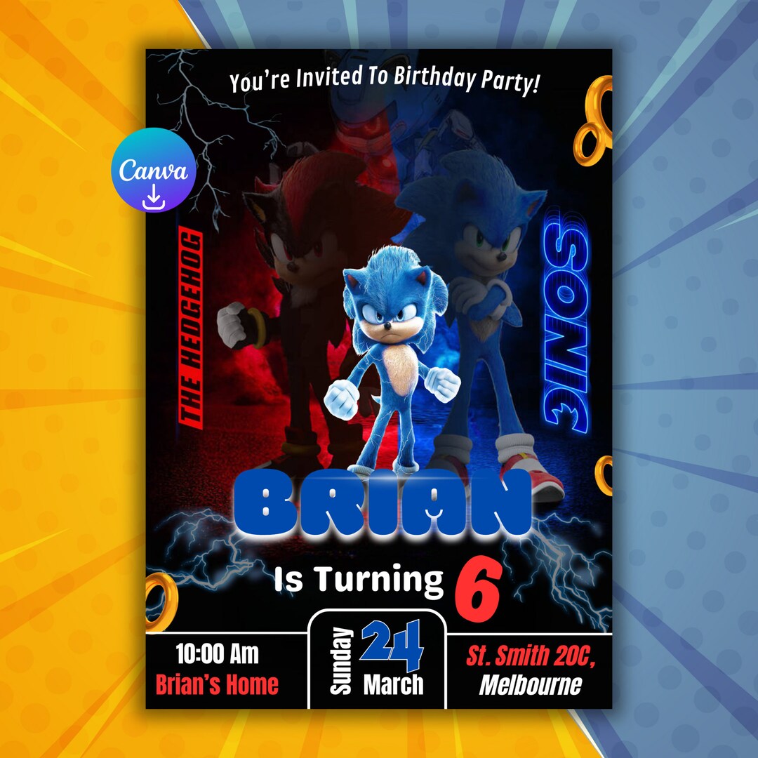 Editable Sonic Birthday Invitation, Sonic Party Invitation, Sonic the ...