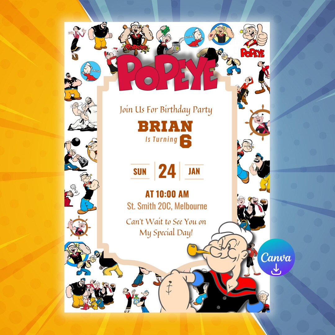 Editable Popeye the Sailor Man Birthday Invitation, Popeyes Party, Boy ...