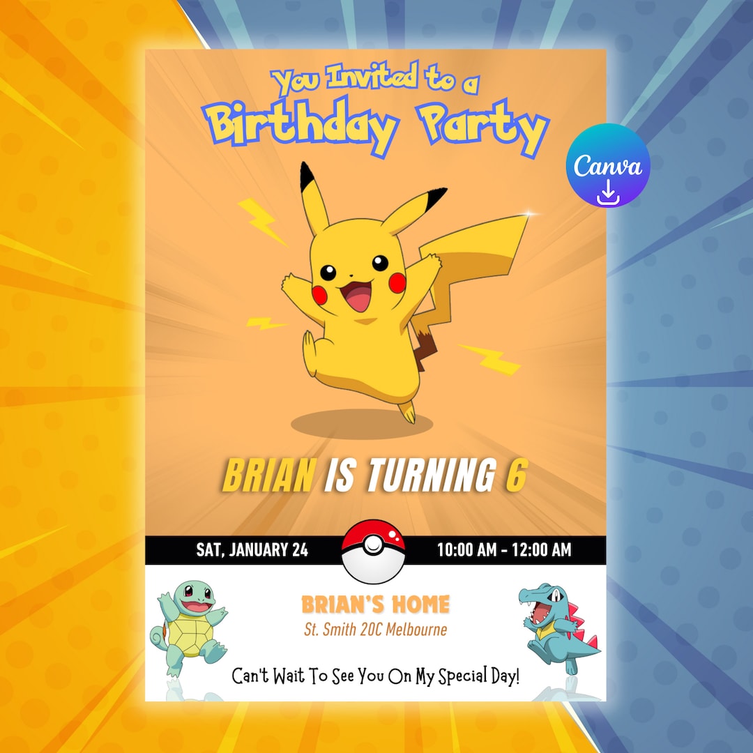 Editable Pikachu Pokemon Birthday Invitation, Pikachu Invite, Pikachu ...