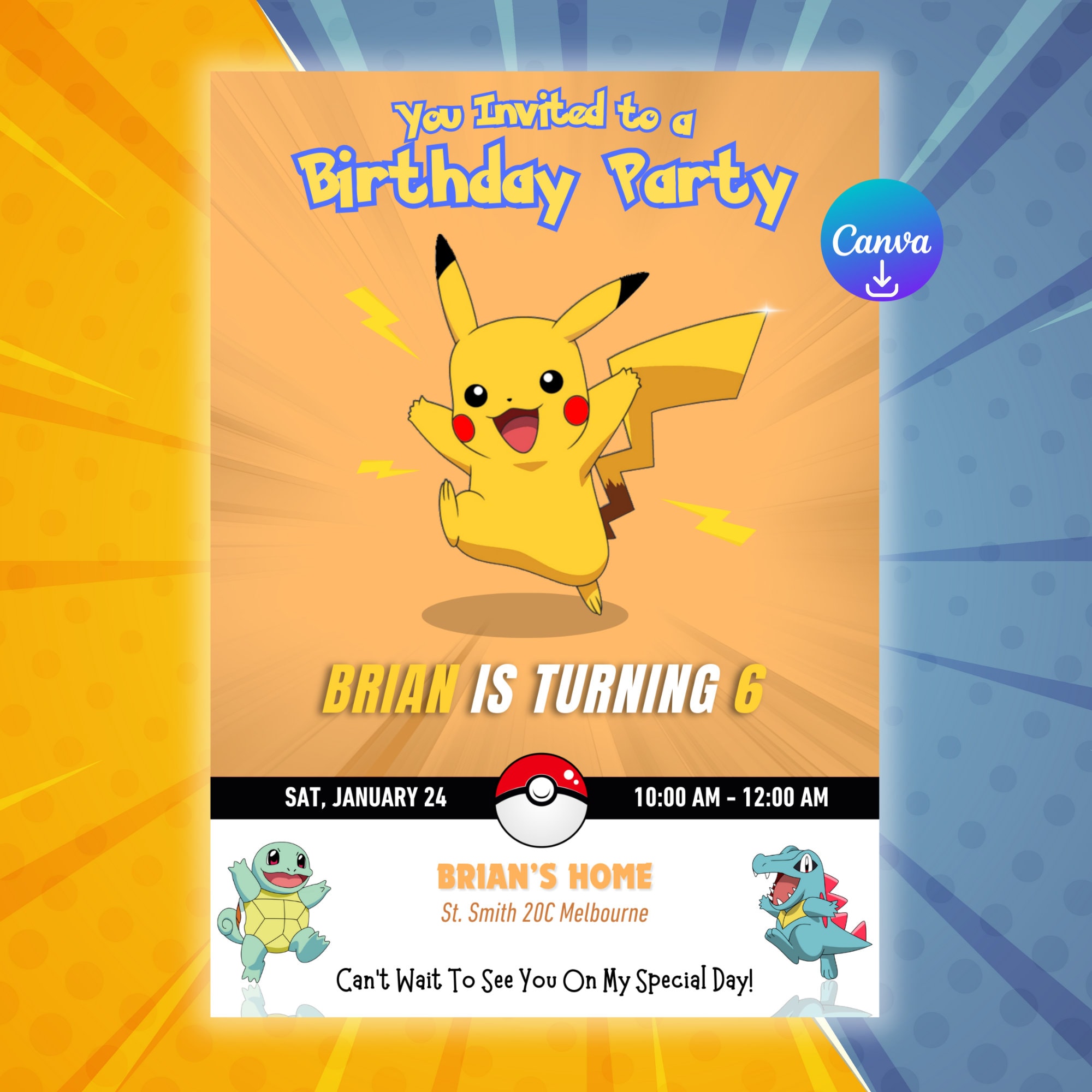 Editable Pikachu Pokemon Birthday Invitation, Pikachu Invite, Pikachu ...