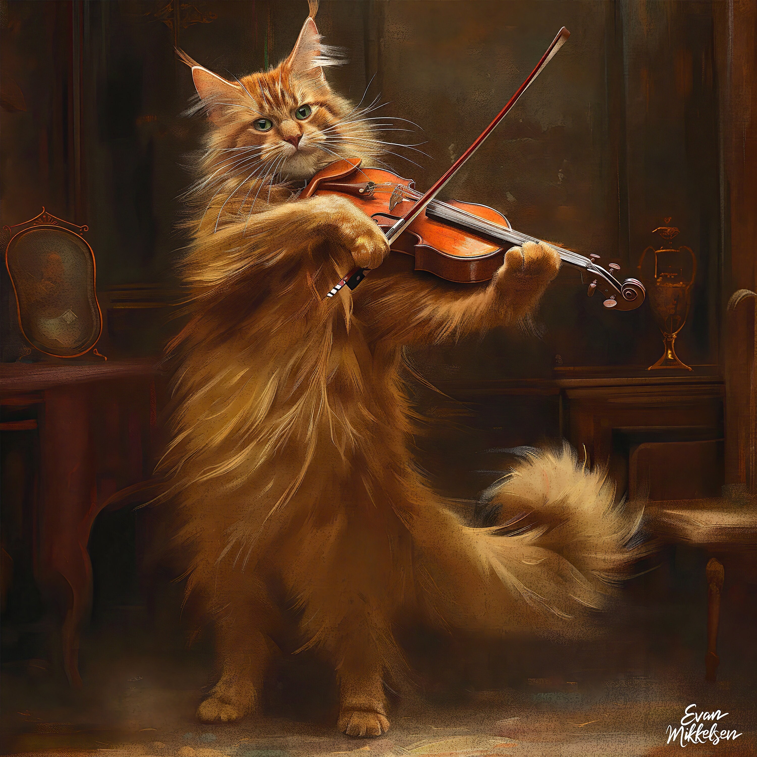 Orange Cat Playing Violin Canvas Art - Vintage Room With Antique Decor ...
