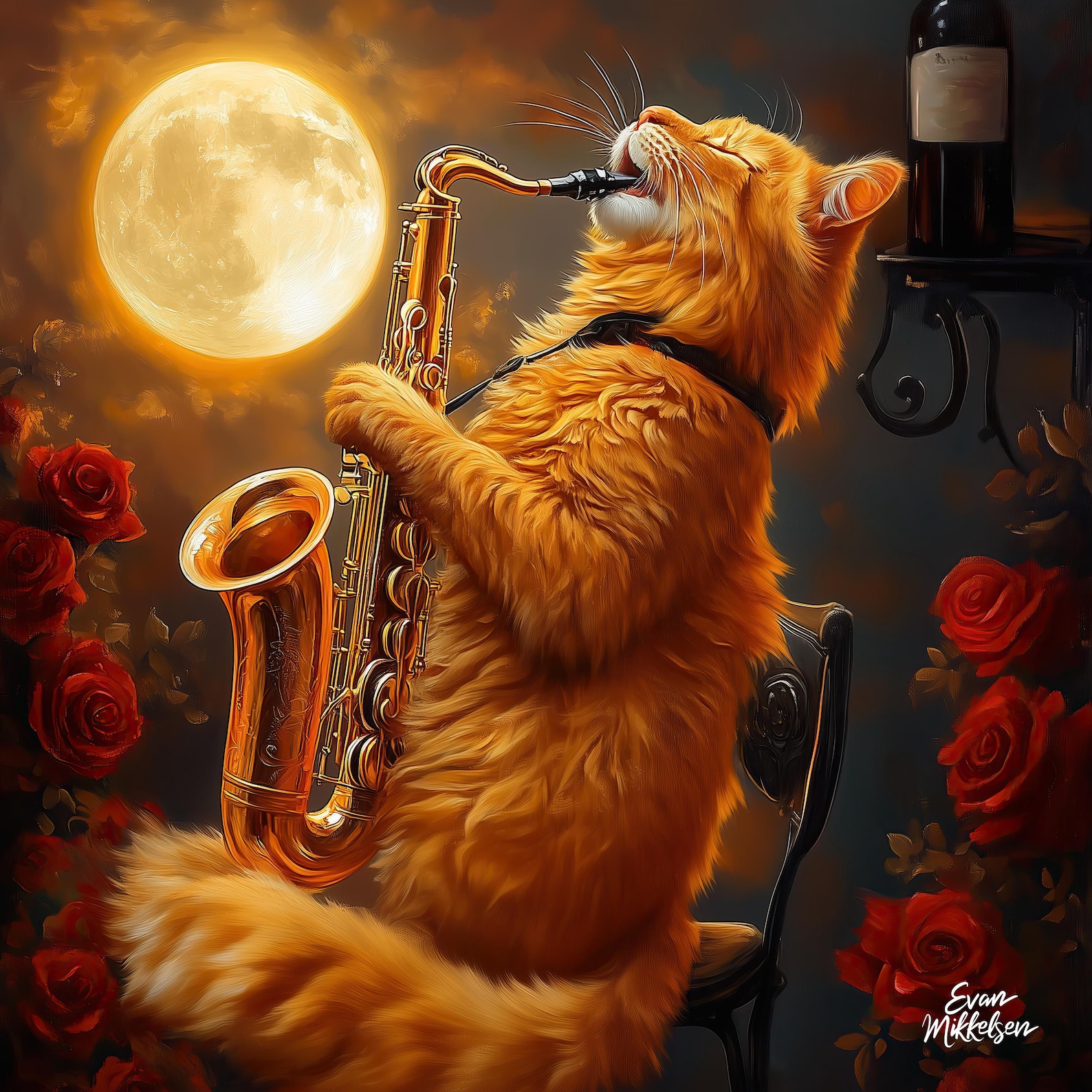 Framed Orange Cat Playing Saxophone Canvas Art - Moonlit Jazz Feline ...