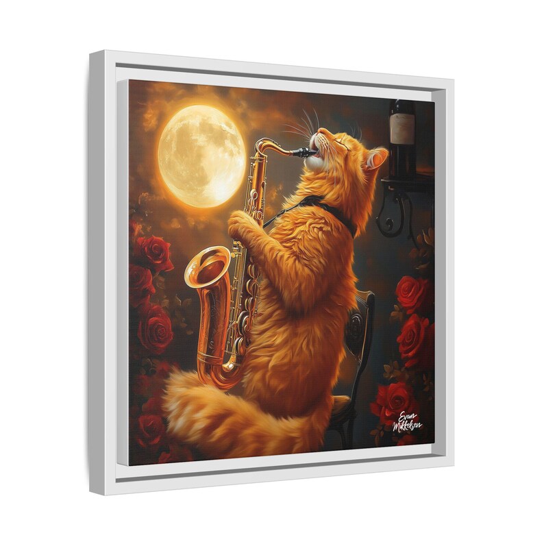 Framed Orange Cat Playing Saxophone Canvas Art - Moonlit Jazz Feline ...