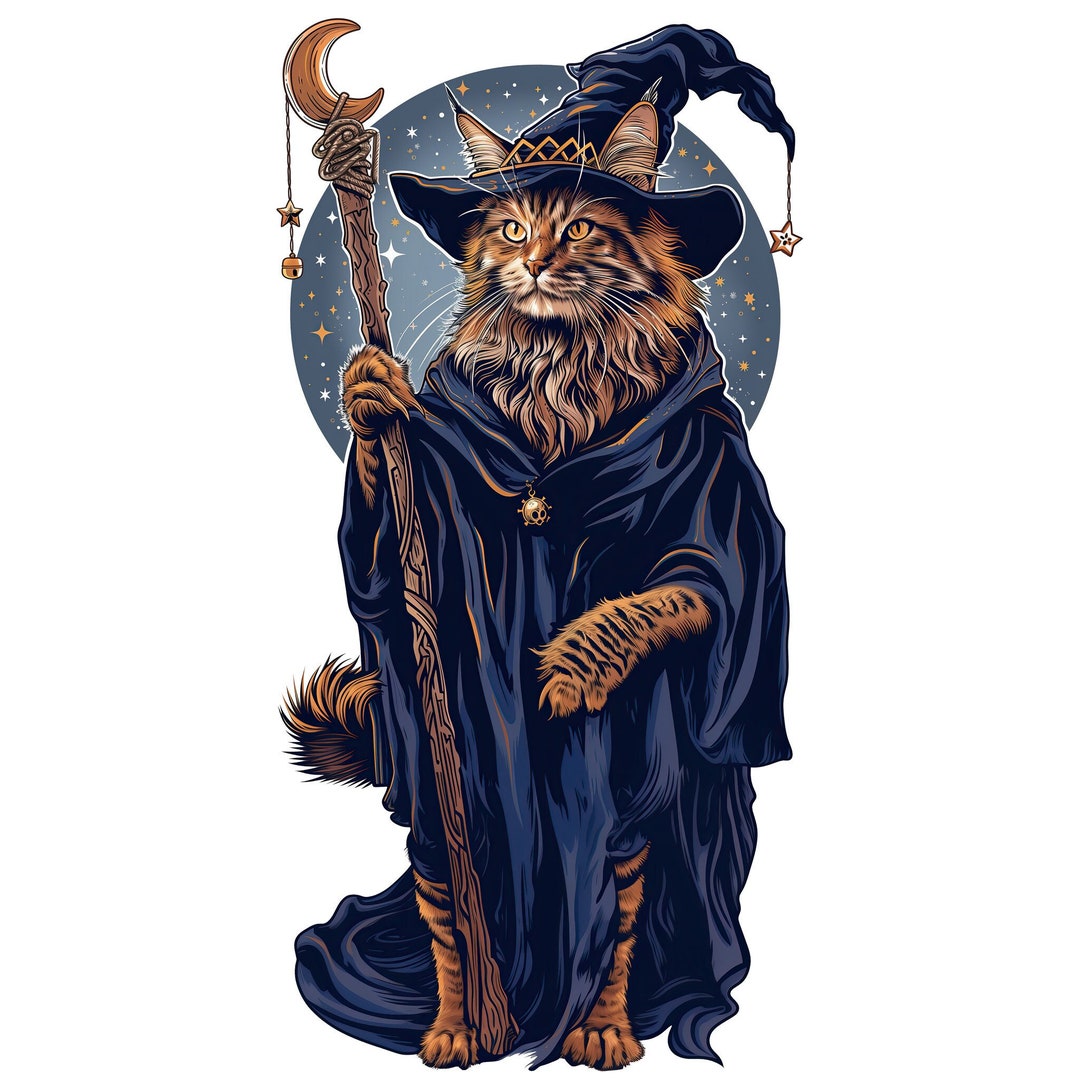Majestic Wizard Cat Shirt – Magical Maine Coon Fantasy Art Tee ...