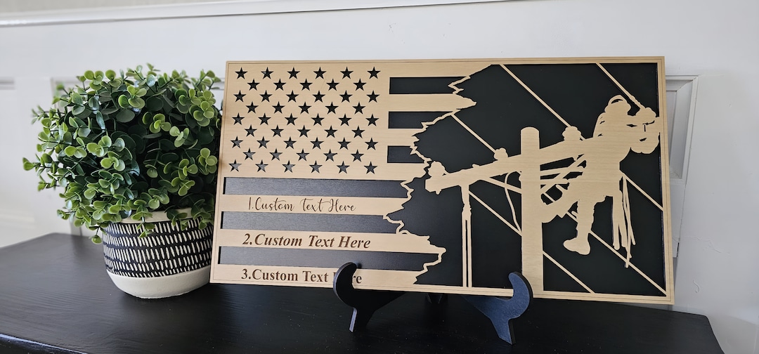 Lineman Gift Engraved Flag Plaque 10x19 – Custom Wood Award for ...