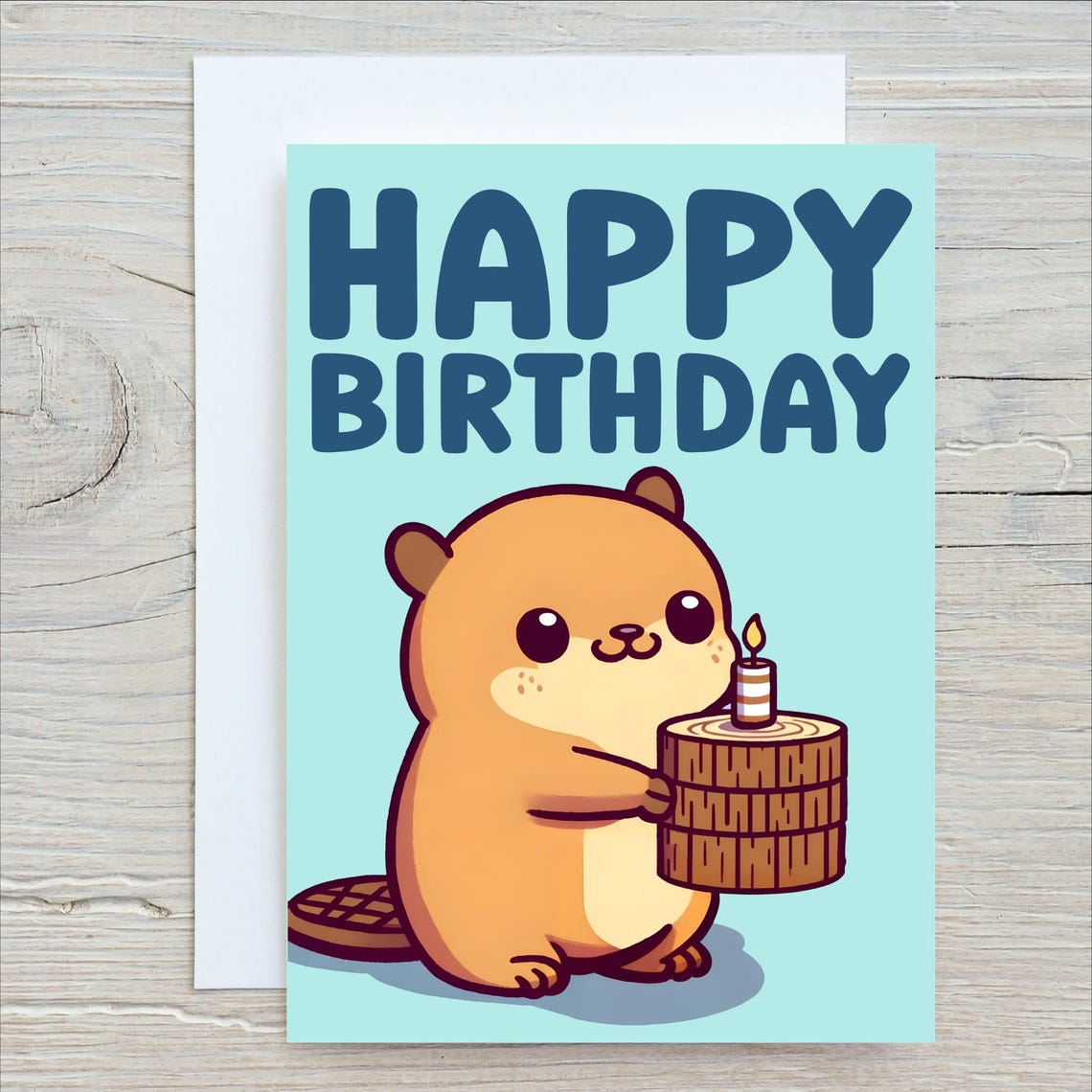 Cute Beaver Birthday Card With Wood Cake Punny Party Card for Kids ...