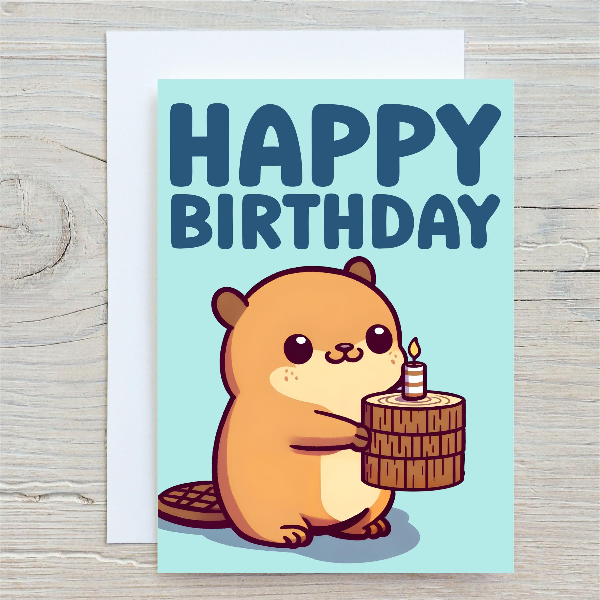 Cute Beaver Birthday Card With Wood Cake Punny Party Card for Kids ...