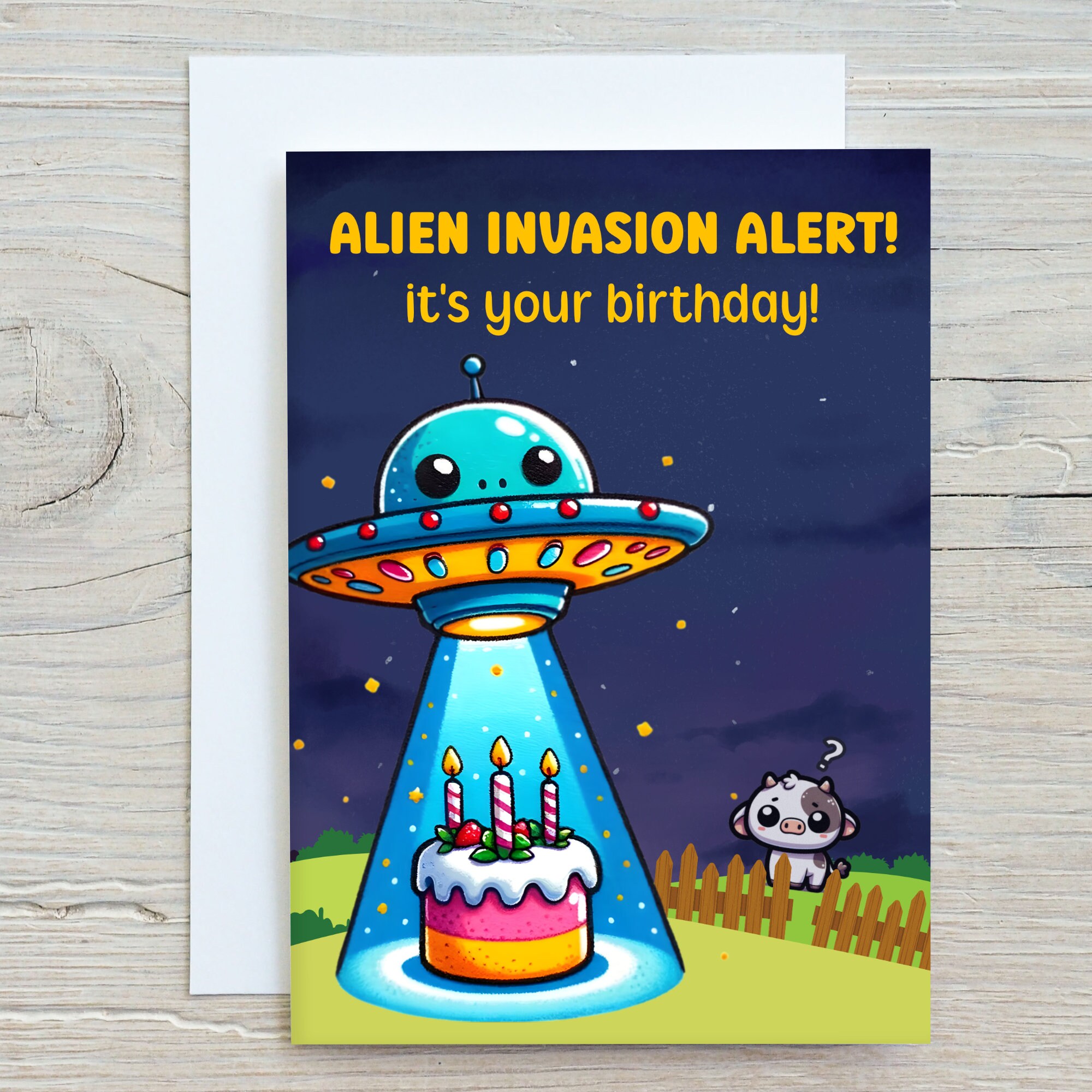 Funny Birthday Cake Abduction Birthday Card Alien Kawaii Humorous Ufo ...