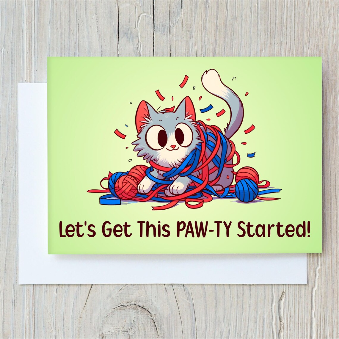 Kitten Playing With Streamers Birthday Card Cat Pun Kitty let's Get ...