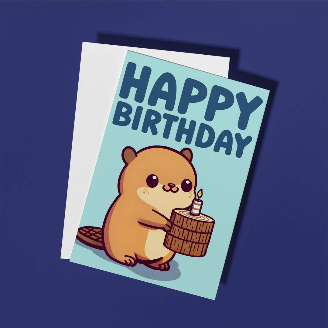 Cute Beaver Birthday Card With Wood Cake Punny Party Card for Kids ...