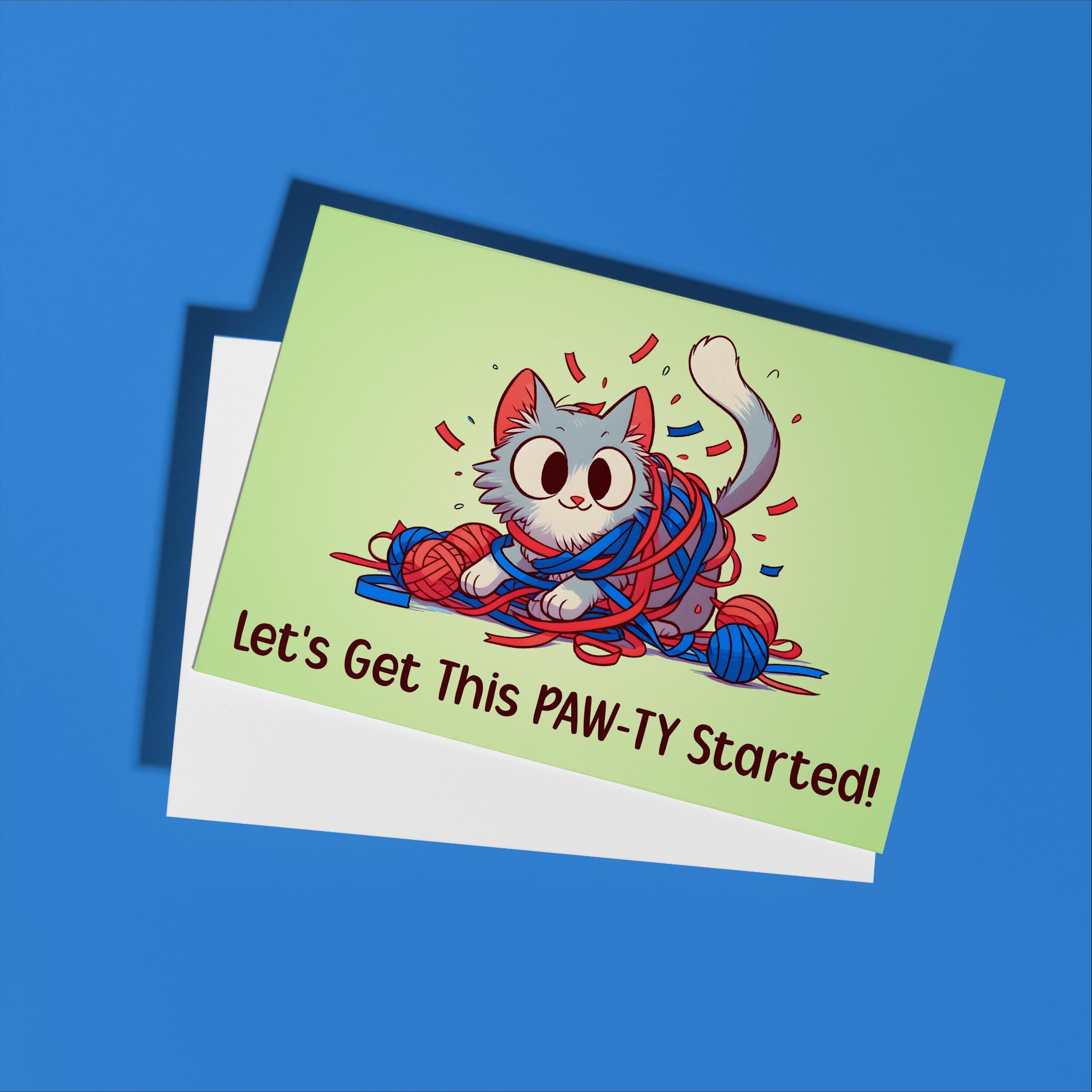 Kitten Playing With Streamers Birthday Card Cat Pun Kitty "let's Get ...