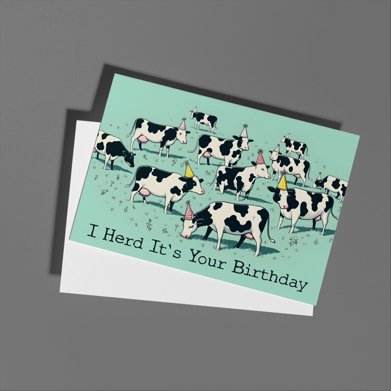 Punny Cow Birthday Card I Herd It's Your Birthday Cute Farm Animal ...