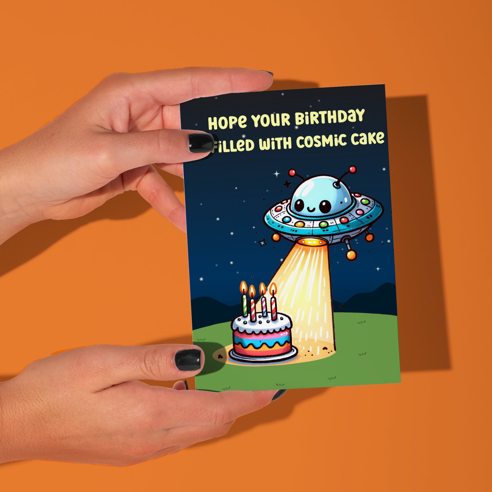Kawaii Alien Spaceship Birthday Card Ufo Stealing Cake for A Someone ...