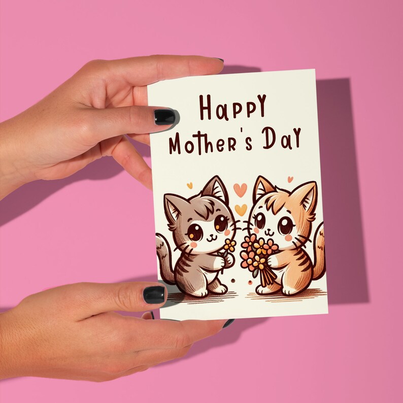 Cute Cat Mothers Day Card for A Mom Who Loves Kitties With Flowers Hand ...