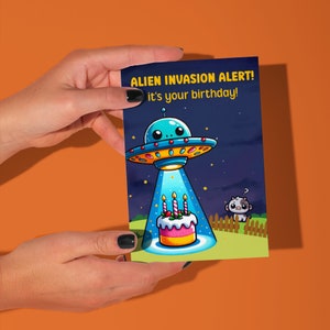 Funny Birthday Cake Abduction Birthday Card Alien Kawaii Humorous Ufo ...